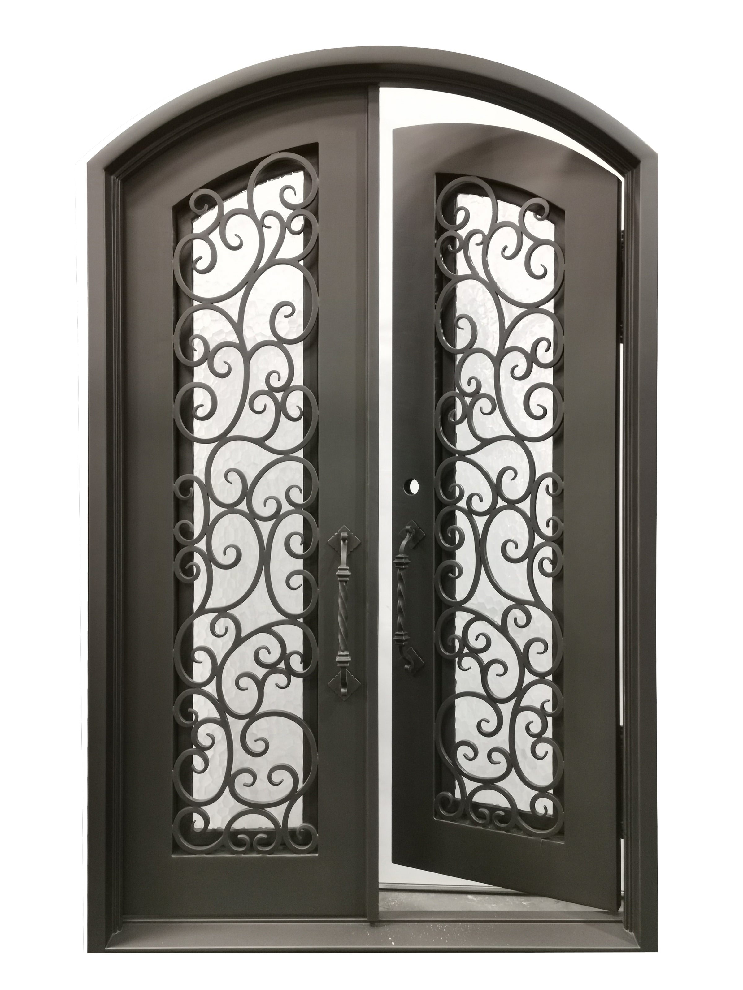 Cisco Model Double Front Entry Iron Door With Tempered Water Cube Glas