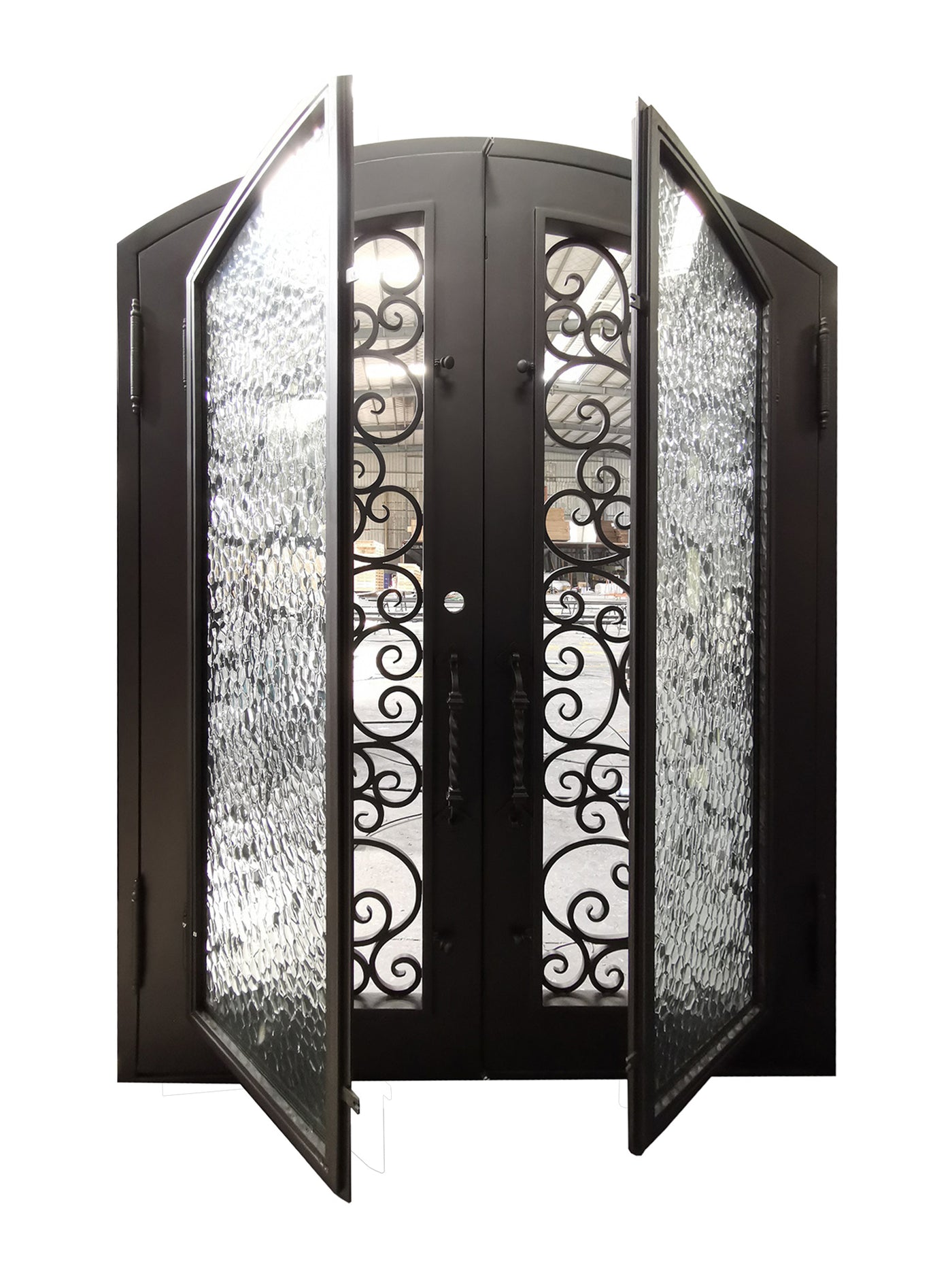 Cisco Model Double Front Entry Iron Door With Tempered Water Cube Glas