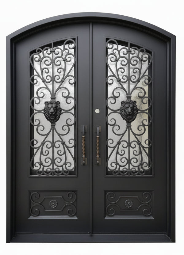 Princeton Model Double Front Entry Iron Door With Tempered Rain Glass